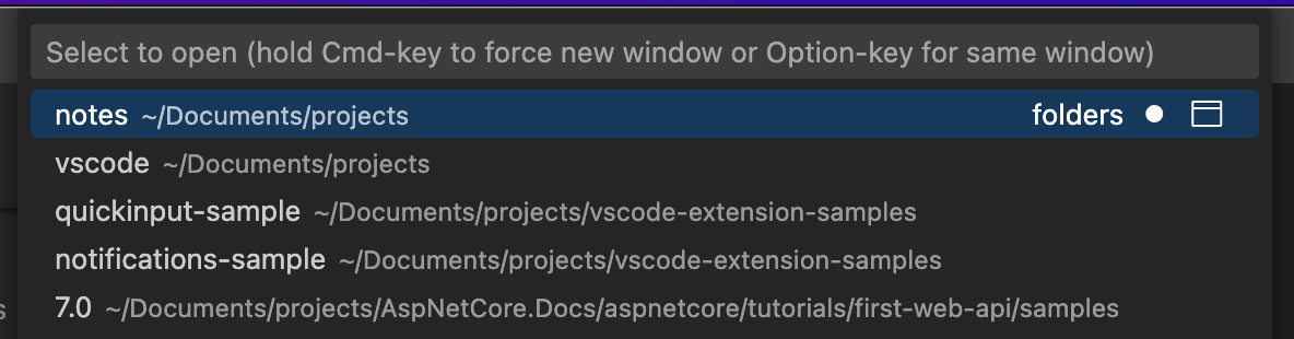 Open recent UI: Show if workspace is currently open · Issue #162392 · microsoft/vscode · GitHub