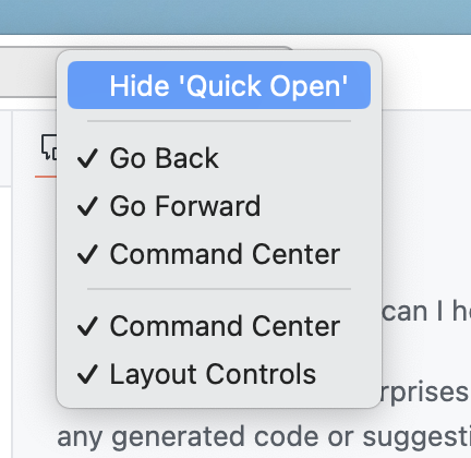 Command Center menu shows "Hide Quick Open" menu entry · Issue #193155 ...
