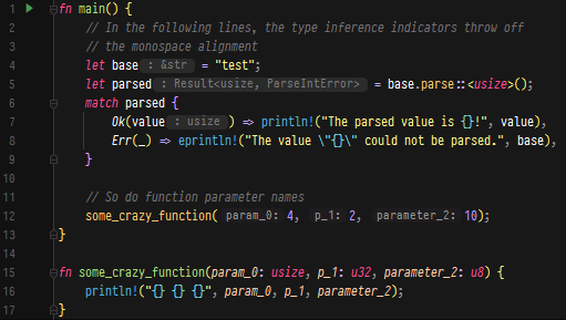 Type and Function Parameter Hints Throw Off Monospace Alignment · Issue #7786 · intellij-rust ...