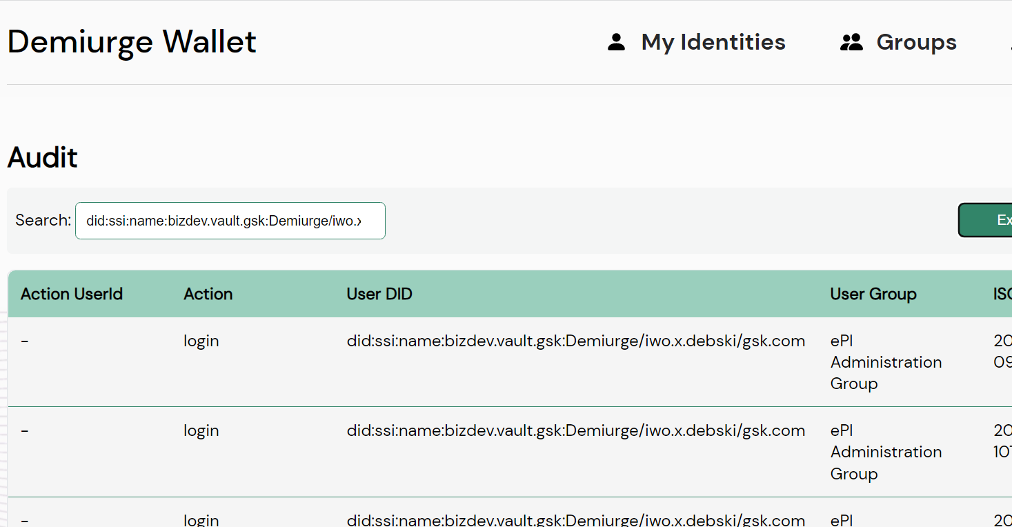 Demiurge Wallet: export CSV in Audit Page does consider filtered values against any specific ...