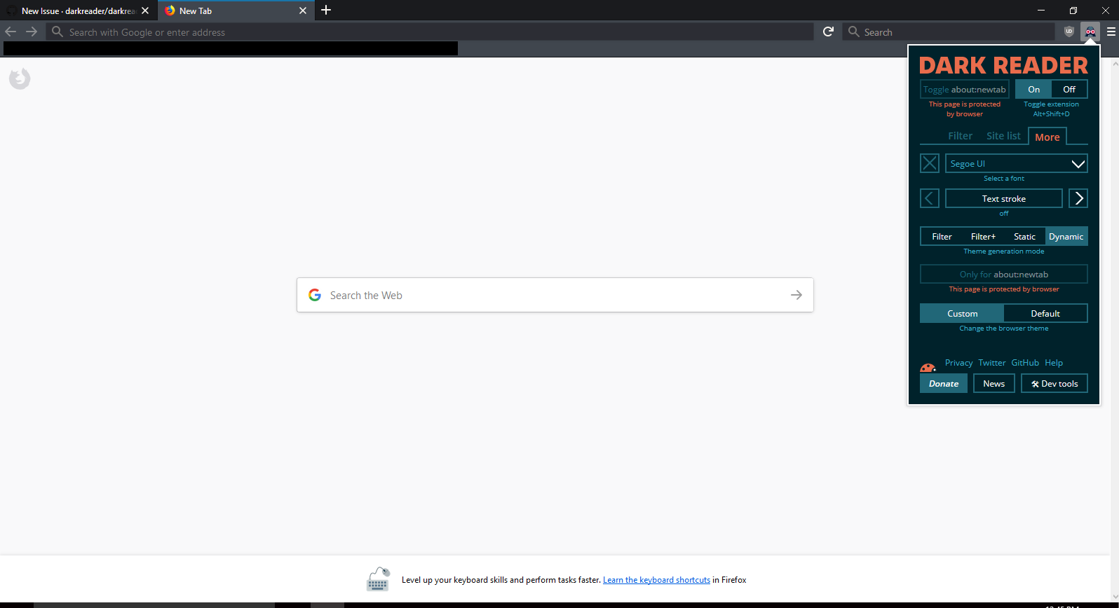Dark Reader theme uses Firefox light theme as a base, causing some issues with the new tab ...
