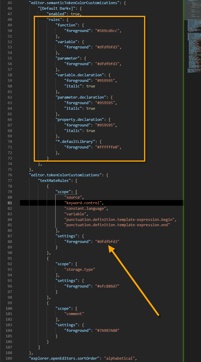 Adding SemanticTokenColorCustomizations-rules in settings.json file ...