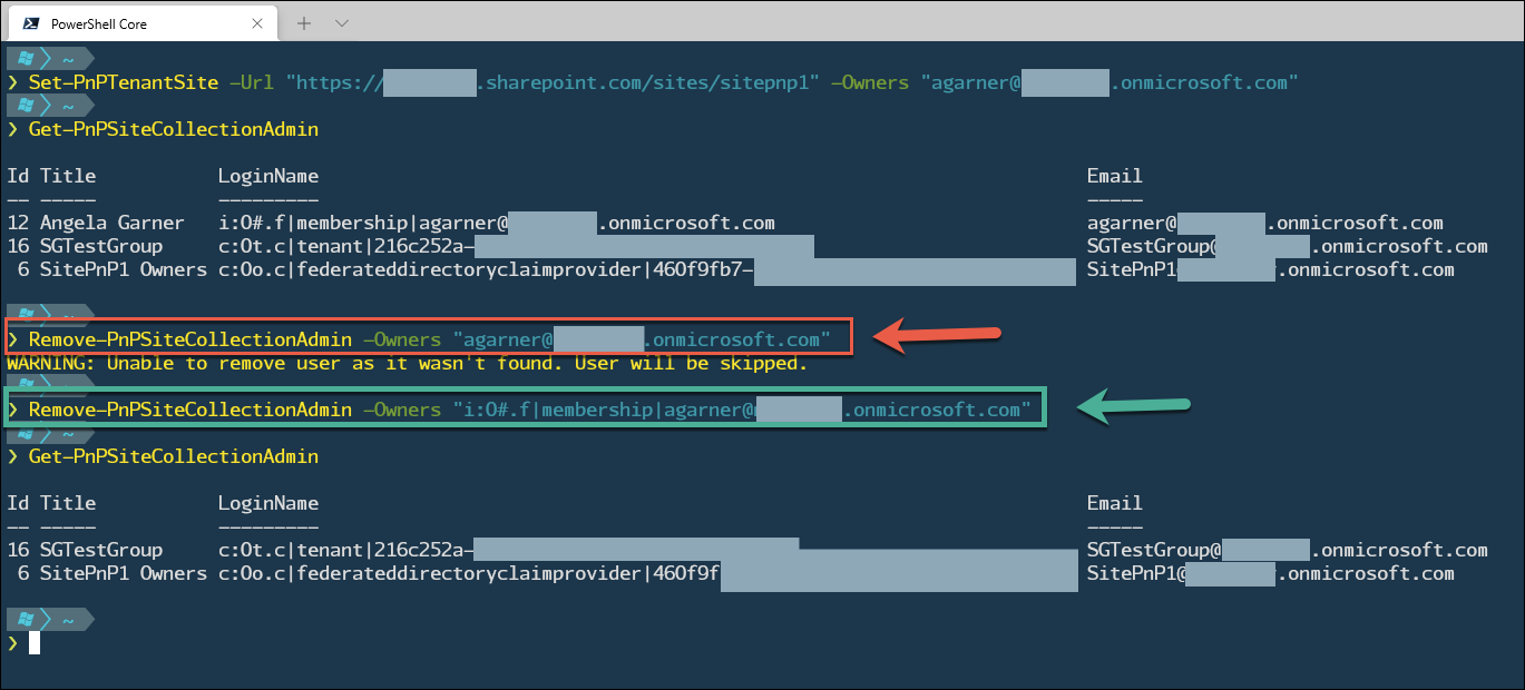 Remove-PnPsiteCollectionAdmin "Unable to remove user as it wasn't found. User will be skipped ...