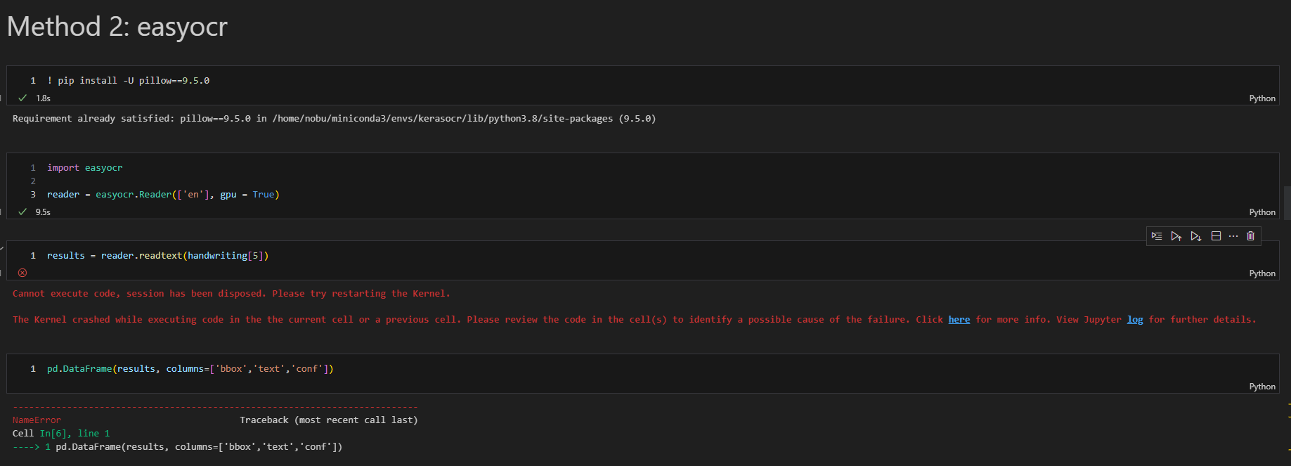 Jupyter kernel dies every time I try to use easyocr following a youtube tutorial's Kaggle ...