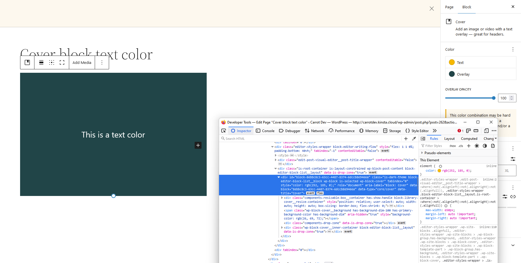 Cover block: filtering in text color support sets color inline style instead of color CSS class ...
