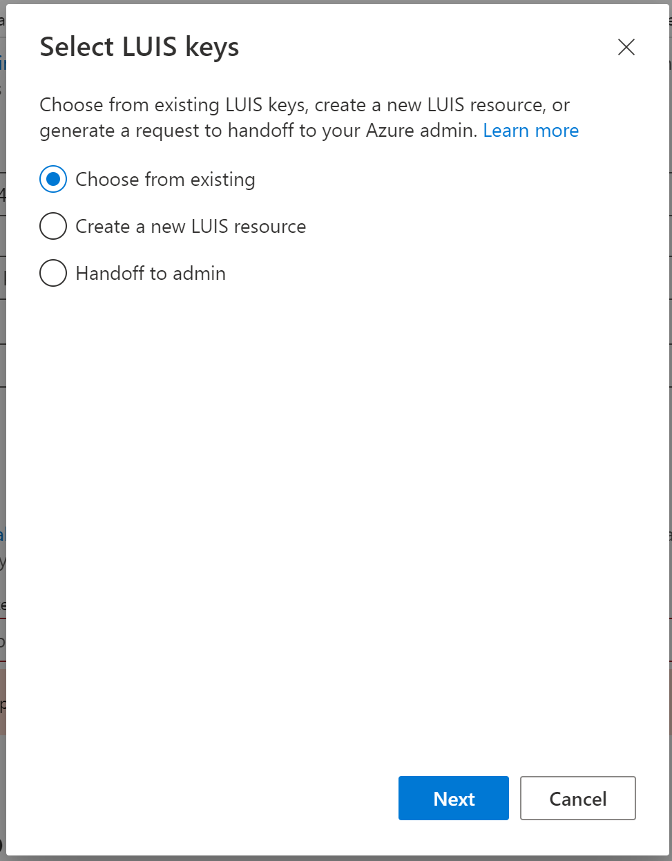 Add a LUIS key: choose from existing's next screen shows "Create a new LUIS resource" · Issue ...