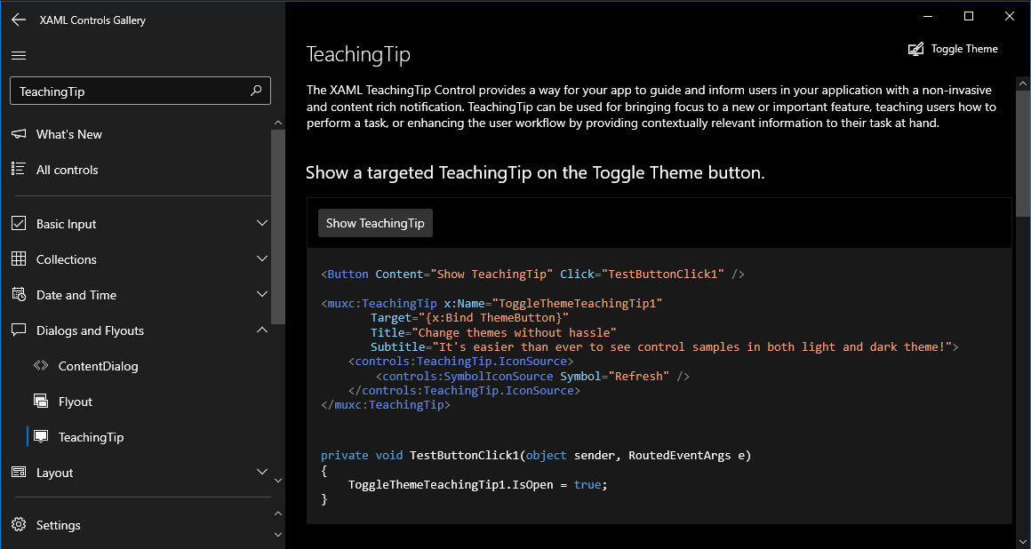 The First Example Of Teachingtip Should Use Muxc Xaml Namespace · Issue 