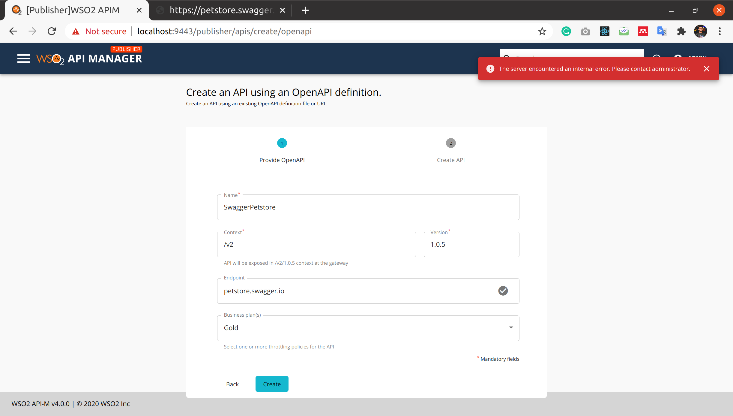 Cannot create a REST API by providing the definition file from the ...