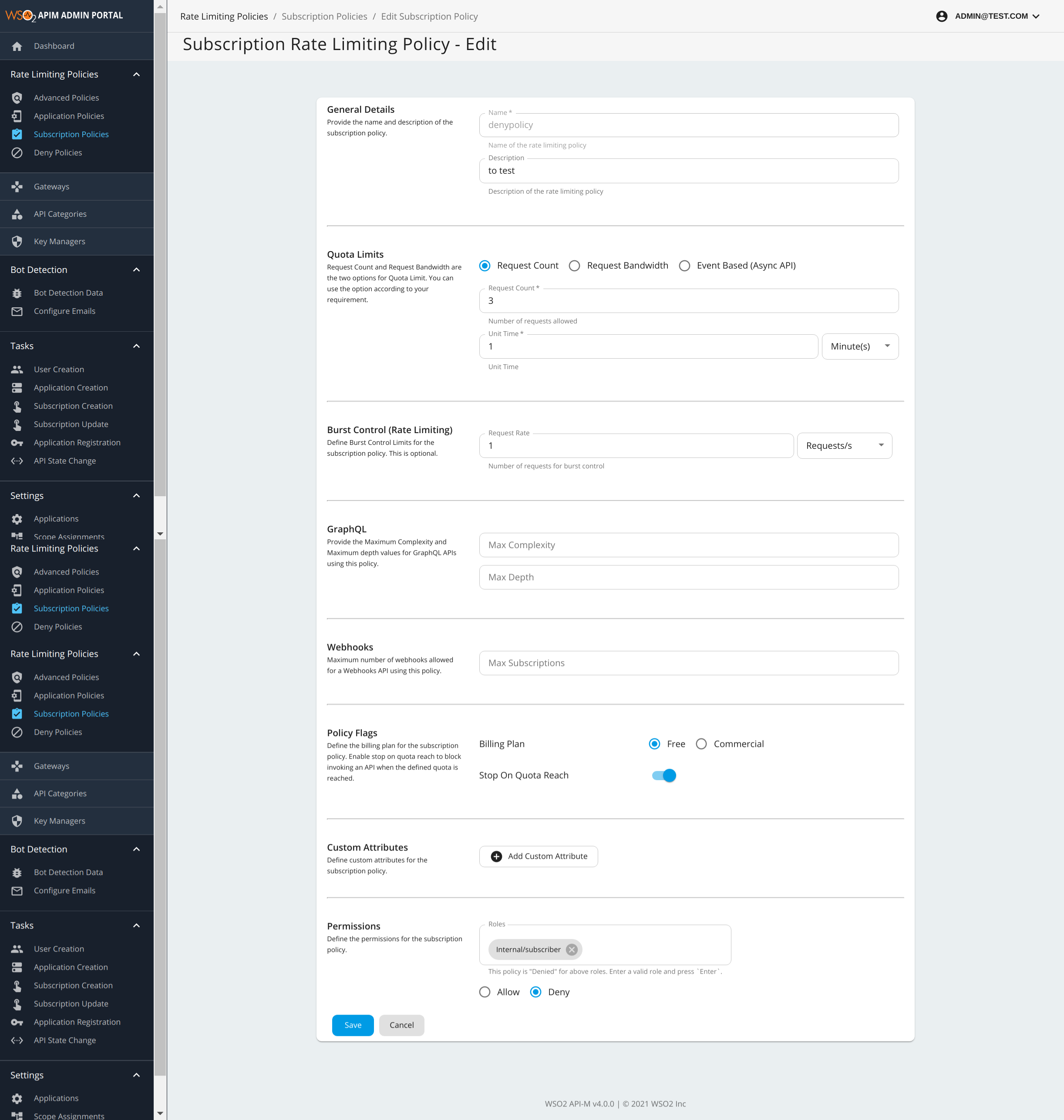Role-based denied subscription policies are visible in an application's ...