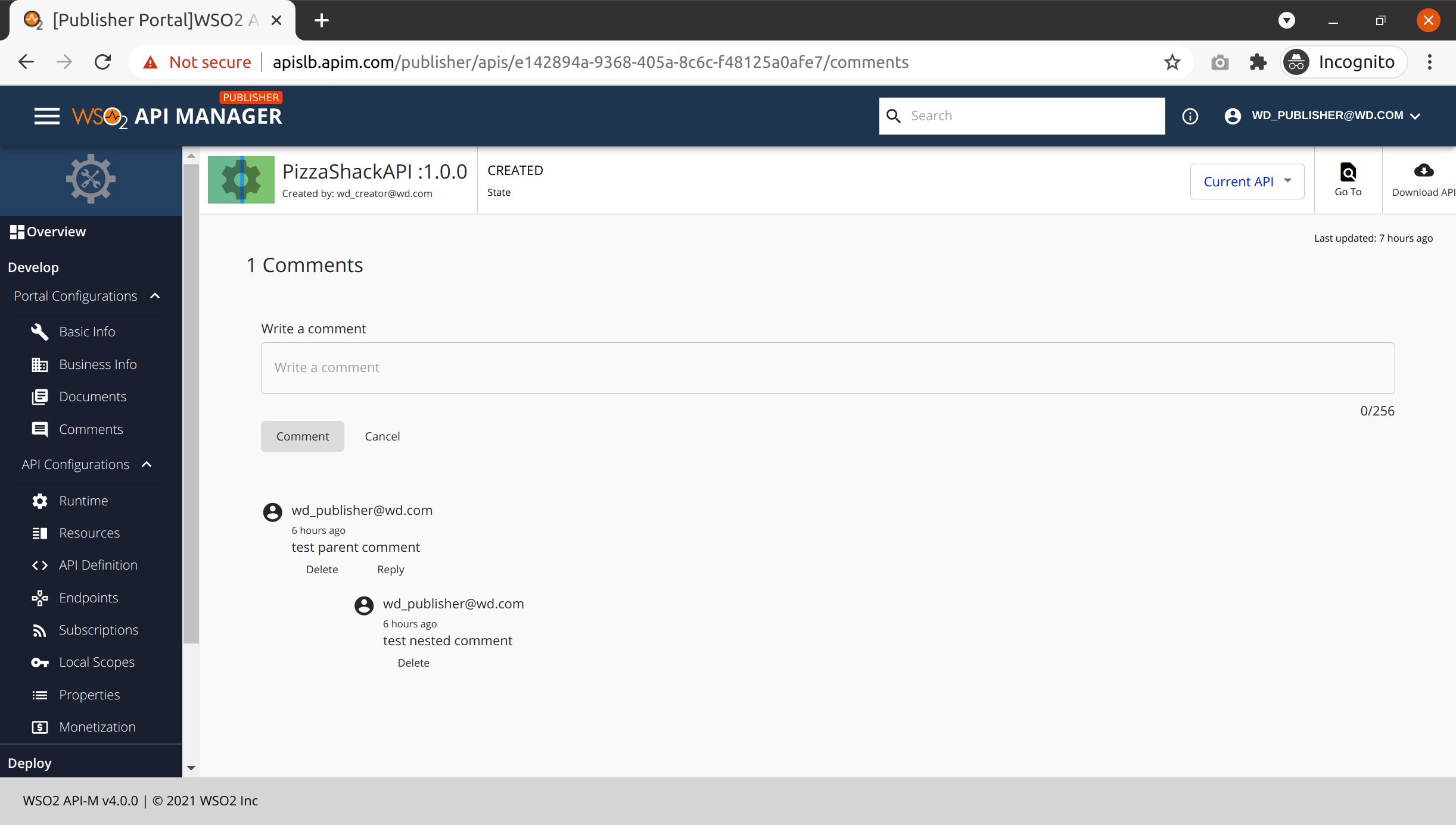 Error displayed when trying to delete a parent comment (with a nested comment) as a Publisher ...