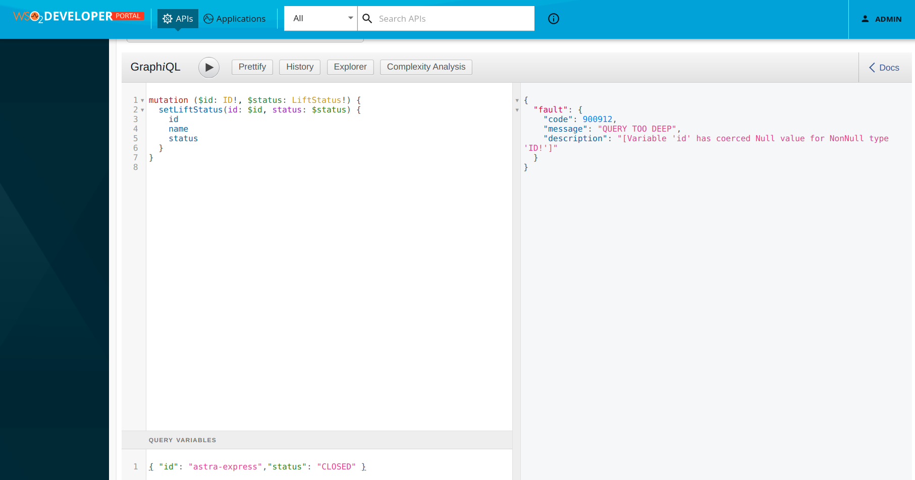 GraphQL depth analysis provides error "Variable 'id' has coerced Null ...