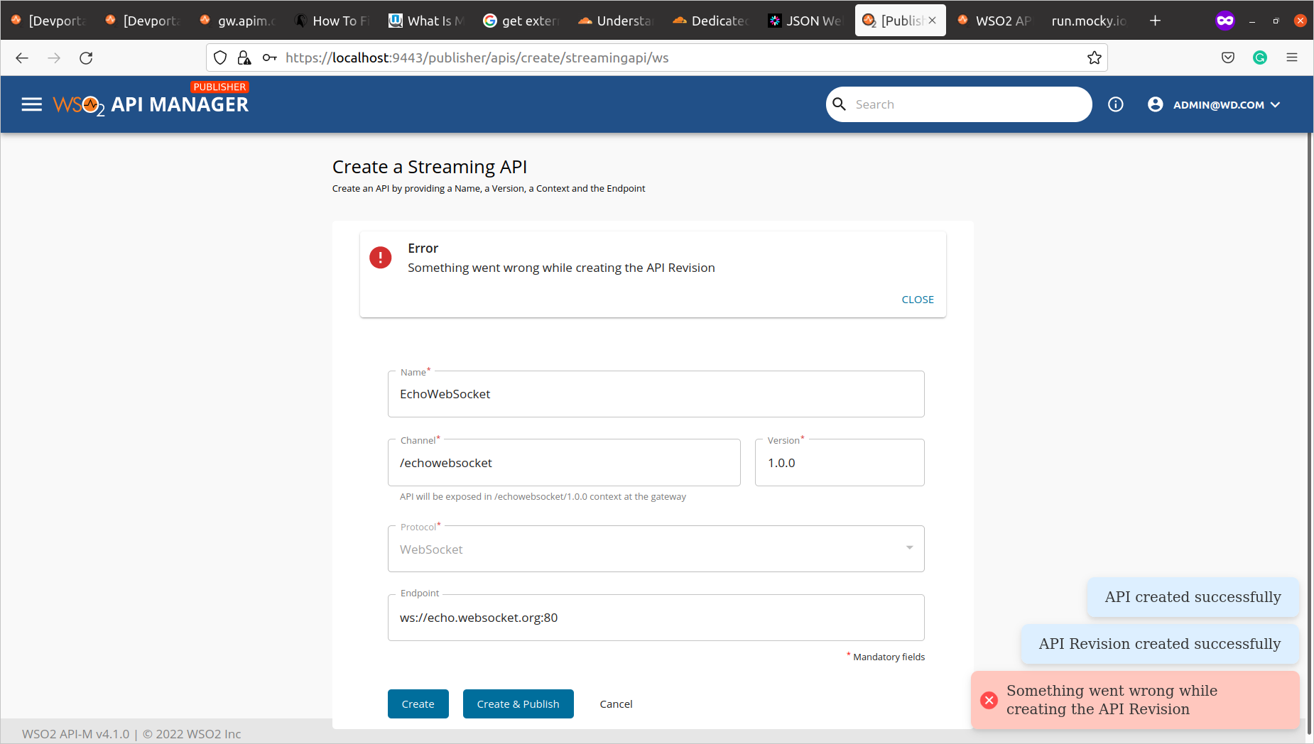 "Create & Publish" button gives an error while deploying the revision of a WebSocket API for ...