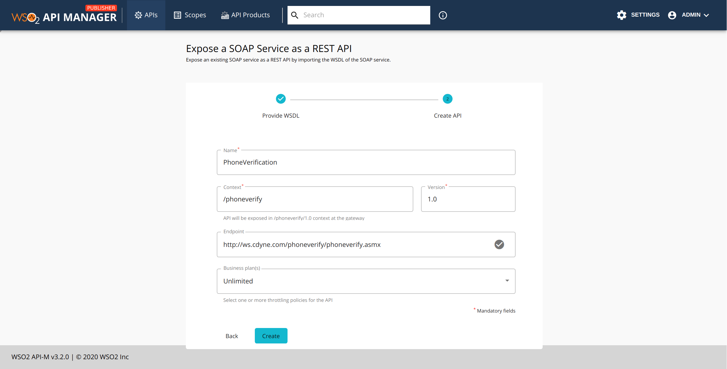 "Create & Publish" button is only visible when creating a REST API from scratch and when ...