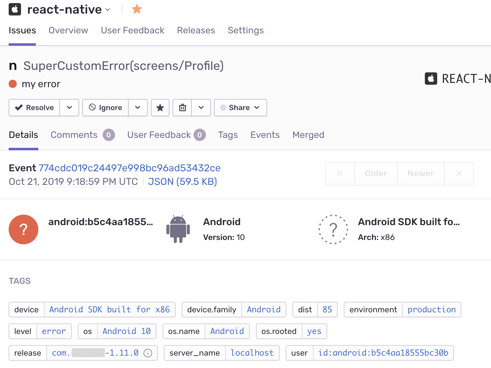 Custom error type are encrypted as 'n' · Issue #702 · getsentry/sentry-react-native · GitHub