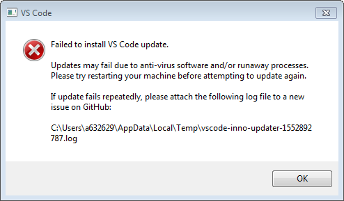 Cannot update - "There was an error when marking a file for deletion ...