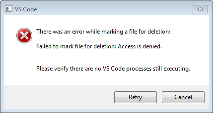 Cannot update - "There was an error when marking a file for deletion ...
