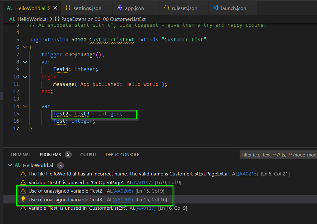 Rule Aa0137 Unused Variable Not Working For Global Variables Defined On The Same Line