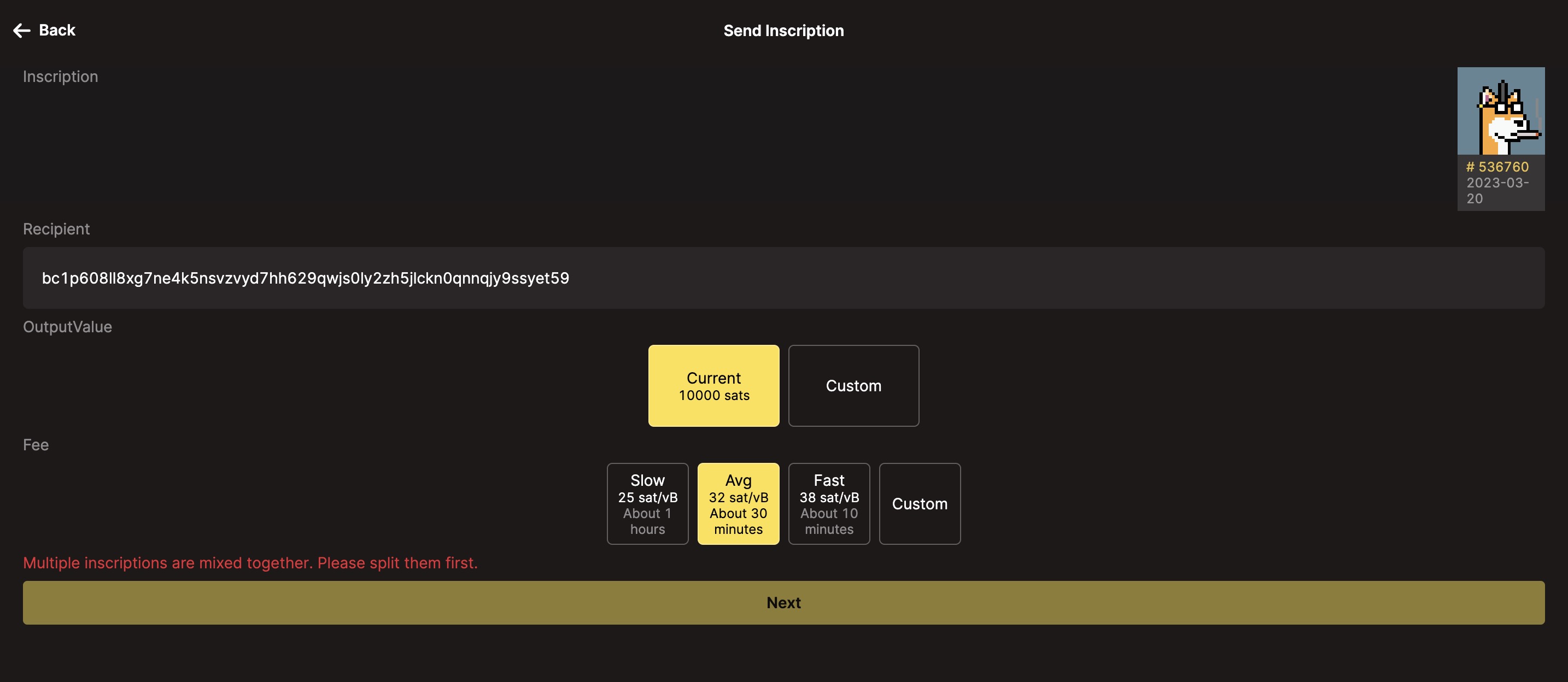help! help!!我的铭文在钱包里转不出去，提示Multiple inscriptions are mixed together. Please split them first.该如何 ...