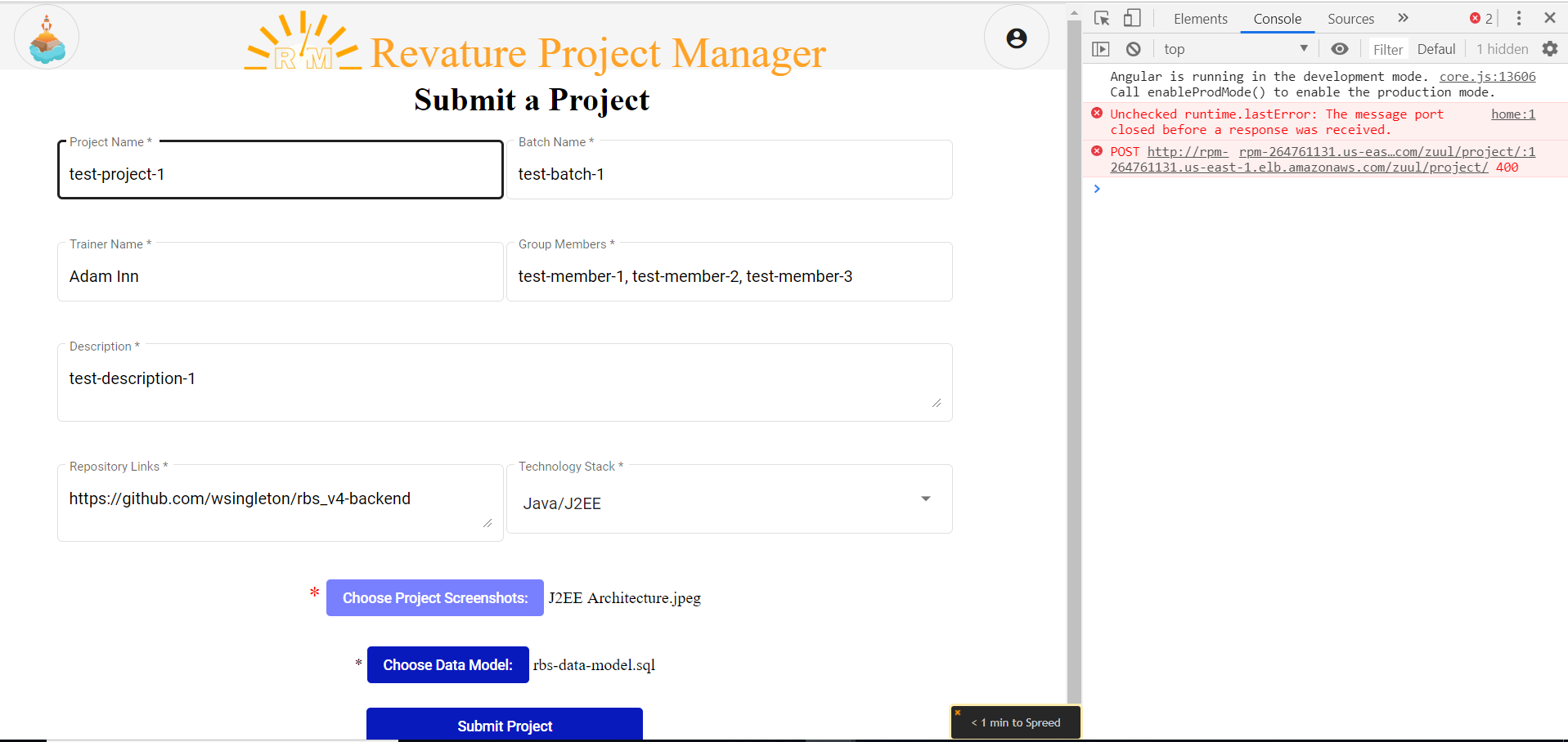 Project submission fails with valid information · Issue #276 · Revature-RPM/ng-ui · GitHub