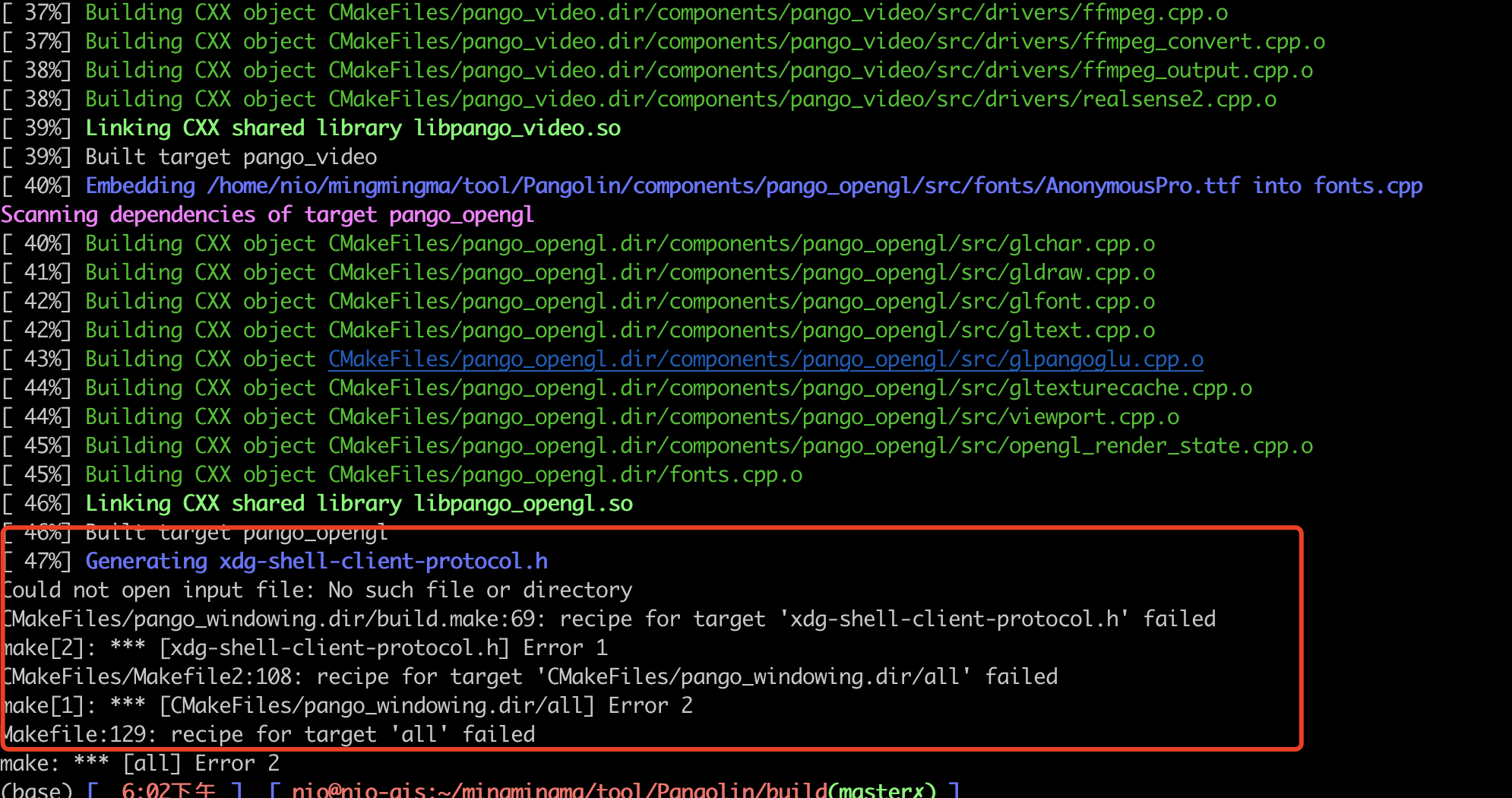 Generating xdg-shell-client-protocol.h error · Issue #714 · stevenlovegrove/Pangolin · GitHub