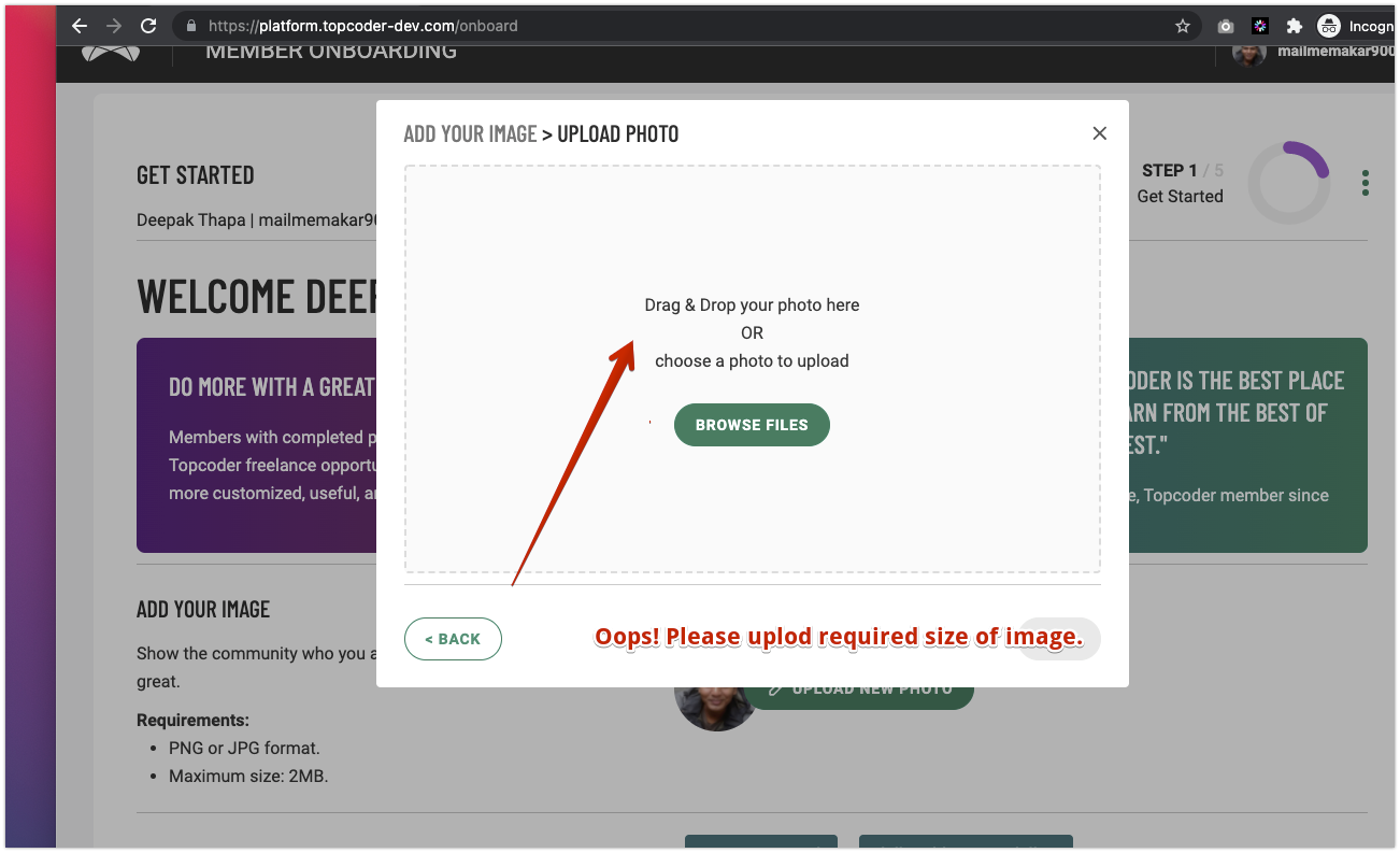 User Can Upload Image More Than Given Size · Issue 96 · Topcoder Platformmicro Frontends