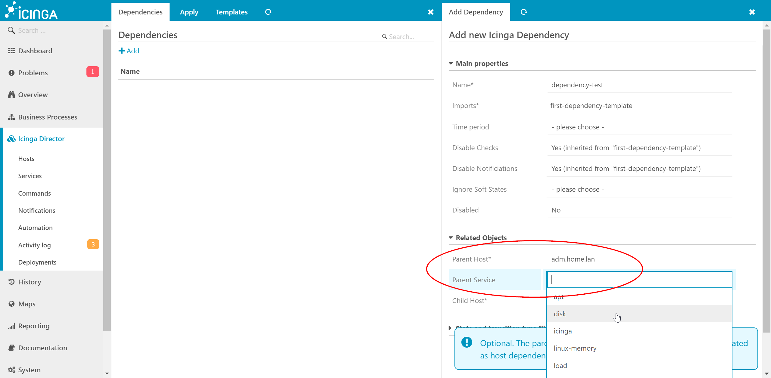 dependencies: error message when filling the fields parent host and parent service at the same ...