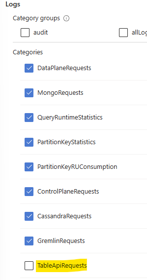 Deploy Diagnostic Settings for Cosmos DB to Log Analytics workspace is missing a log category ...