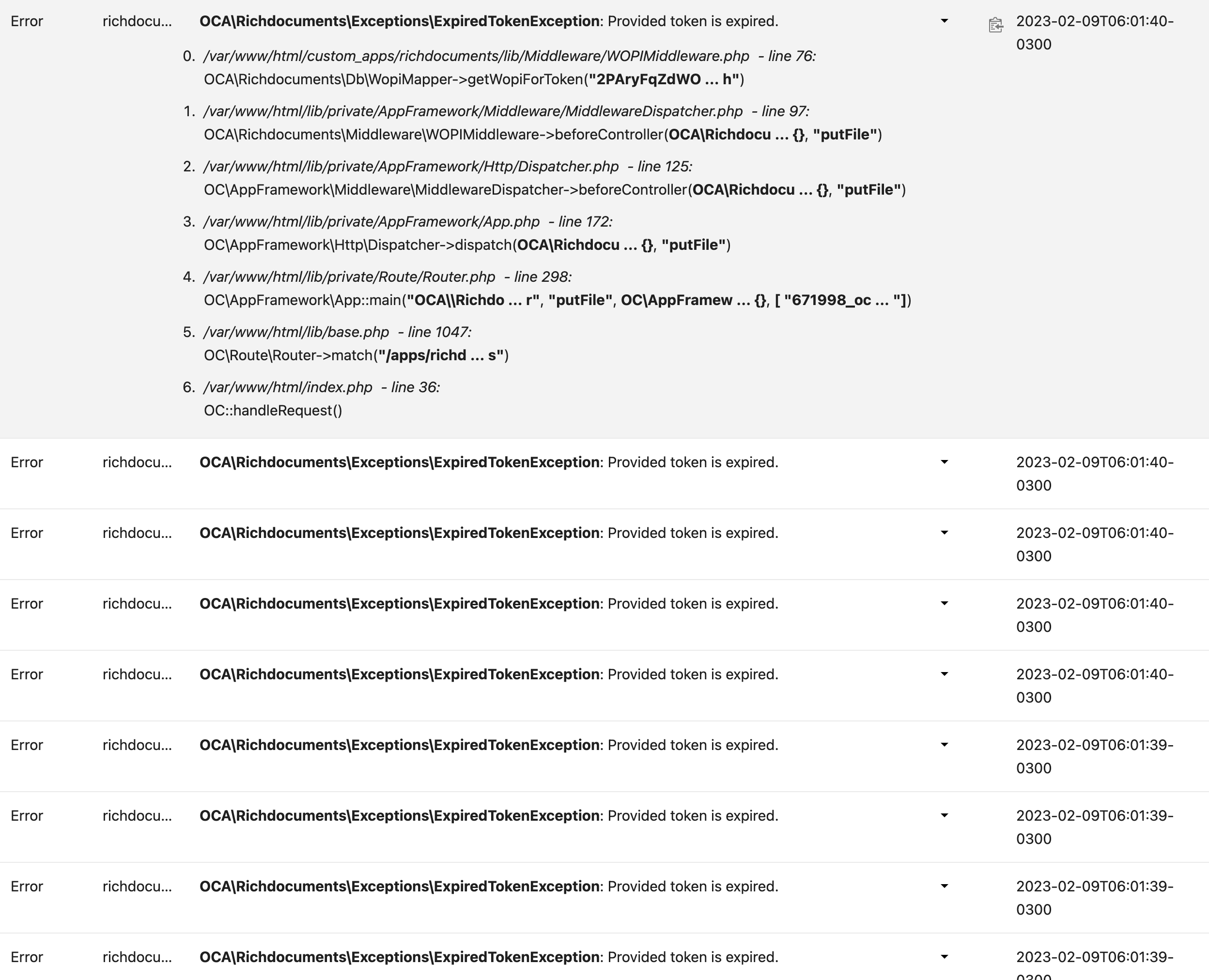 Enless loop of "OCA\Richdocuments\Exceptions\ExpiredTokenException: Provided token is expired ...