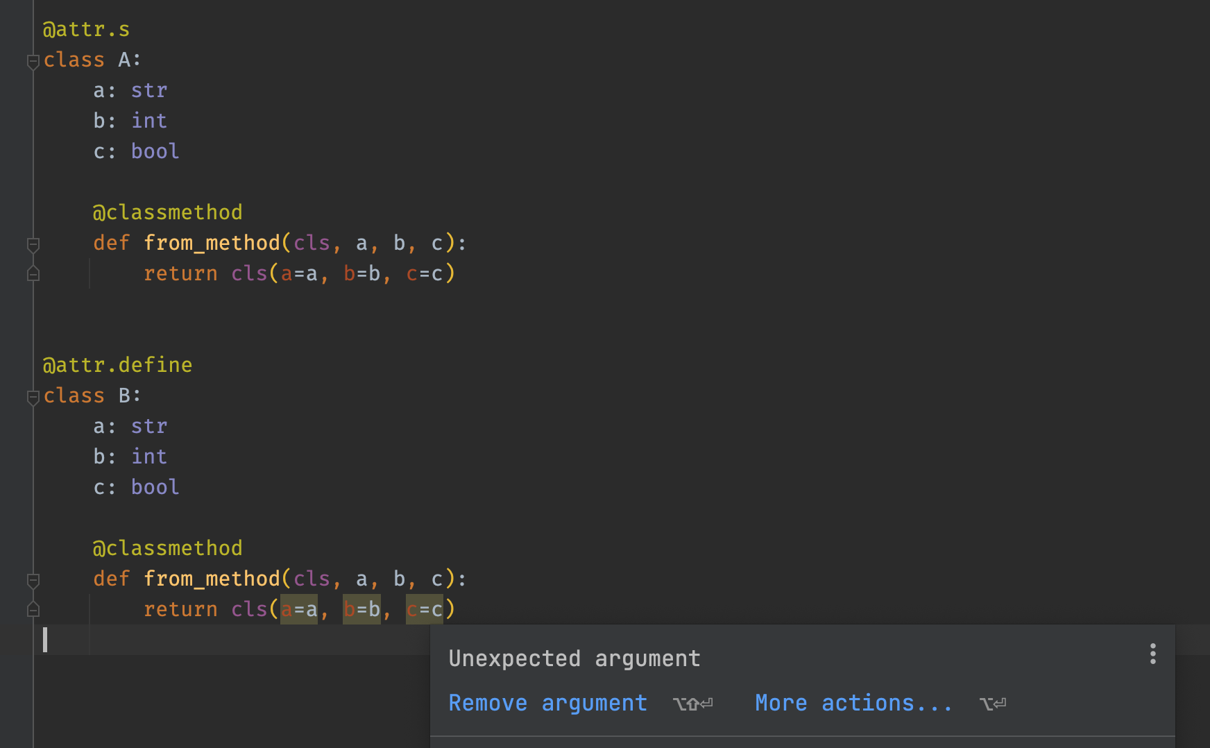 `Unexpected argument` warnings in Pycharm for `@define`-derived syntax · Issue #954 · python ...
