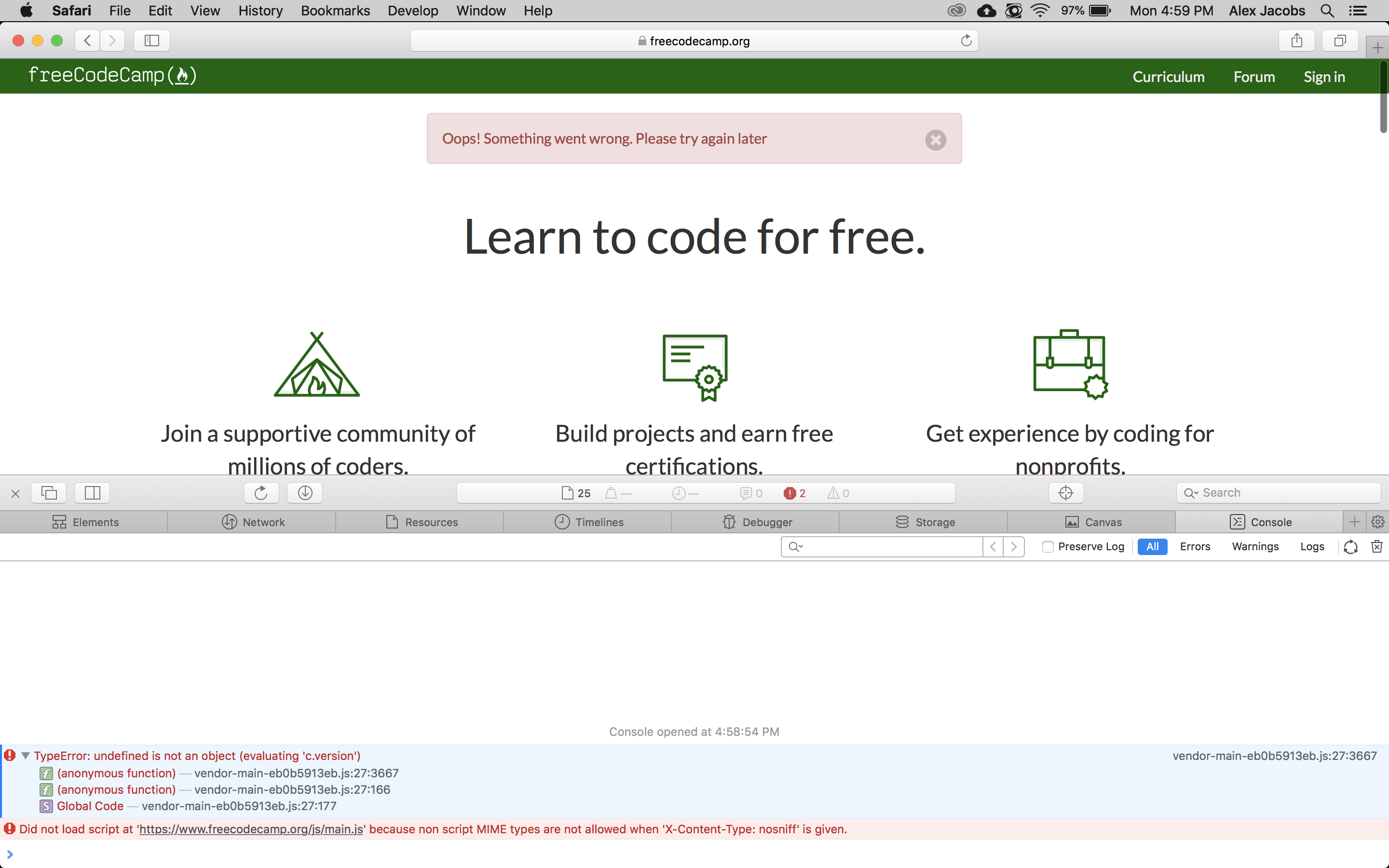 Receive `Oops! Something went wrong. Please try again later` message ...