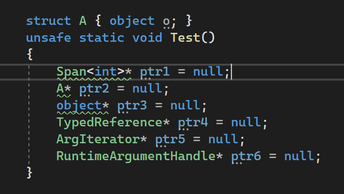 Possible bug: TypedReference* (and other restricted types) don't generate Warning CS8500 · Issue ...