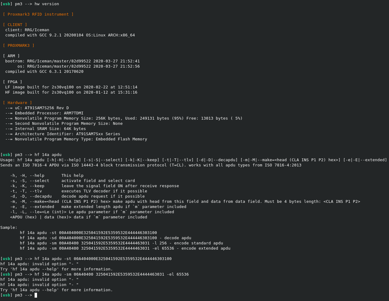 hf 14a apdu: invalid option "- " · Issue #627 · RfidResearchGroup/proxmark3 · GitHub