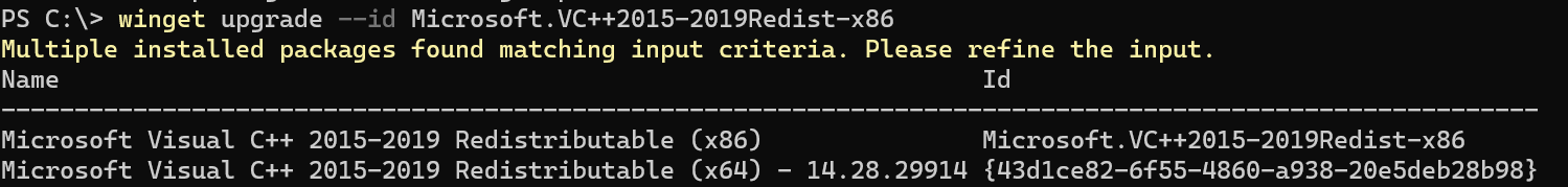 winget upgrade by id and by name not working for Microsoft Visual C++ 2015-2019 Redistributable ...