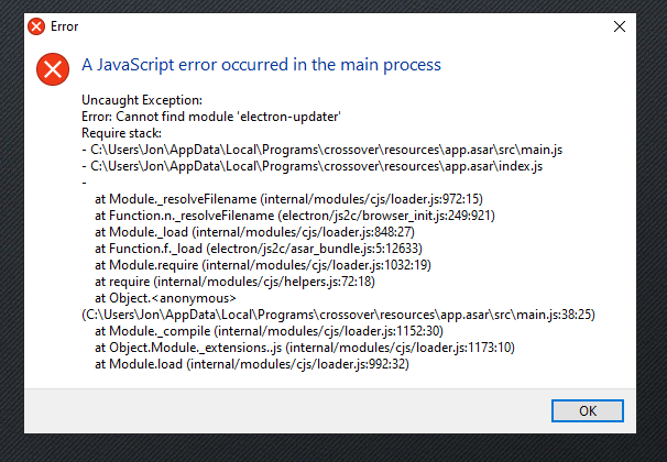 Electron error in updating to v2.1.3 · Issue #107 · lacymorrow/crossover · GitHub