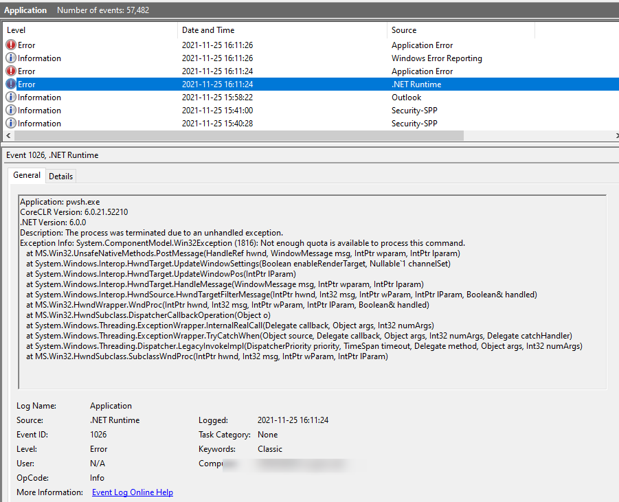 Pwsh Crashing With Not Enough Quota Is Available To Process This Command · Issue 16518