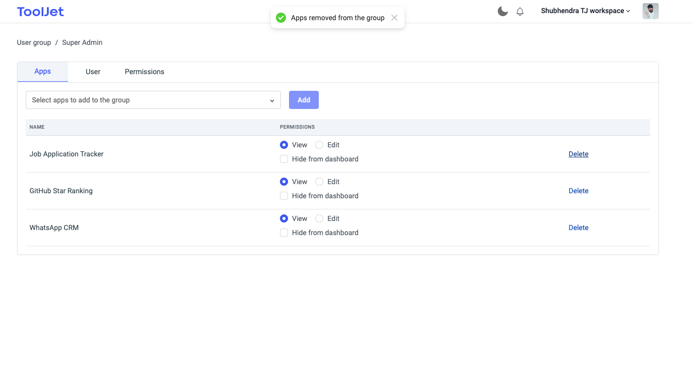 fix the error message: Apps removed from the group · Issue #4451 · ToolJet/ToolJet · GitHub