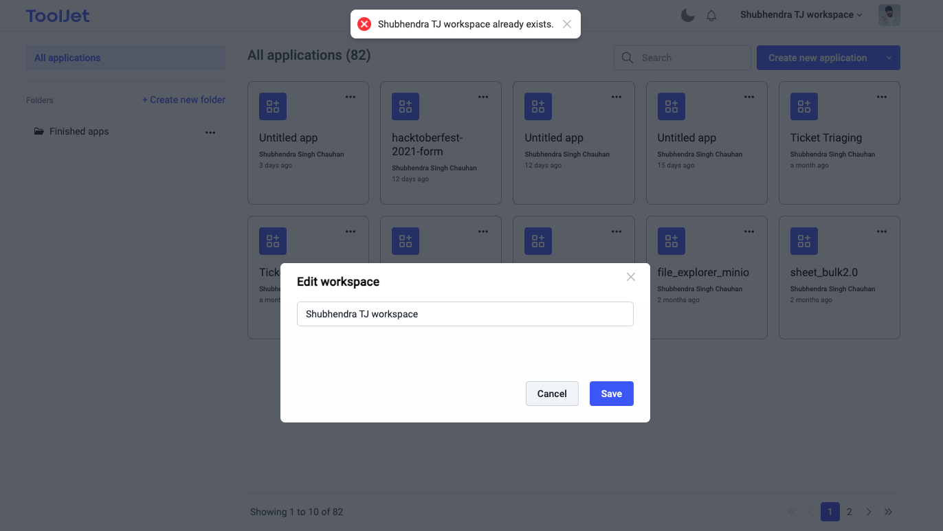 Fix the error message when editing the workspace with same name · Issue #4453 · ToolJet/ToolJet ...