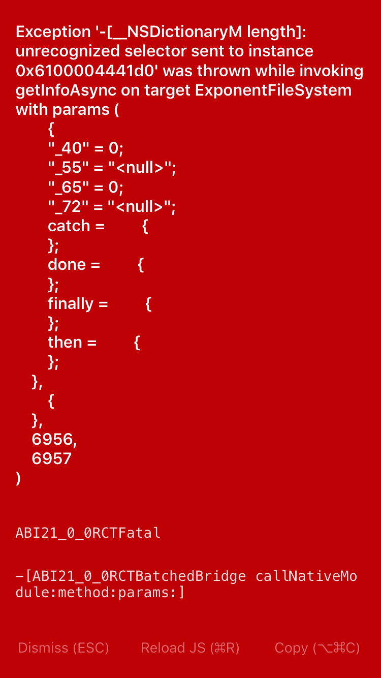 Invoking FileSystem.getInfoAsync throws exception on both iOS and Android · Issue #697 · expo ...