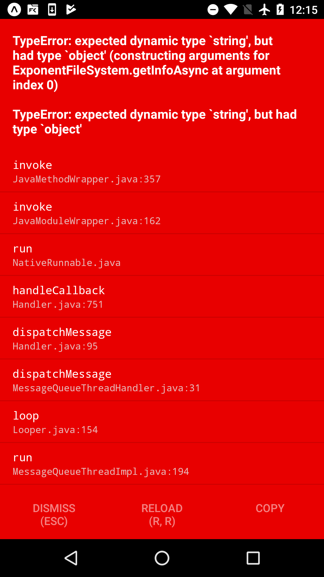 Invoking FileSystem.getInfoAsync throws exception on both iOS and Android · Issue #697 · expo ...