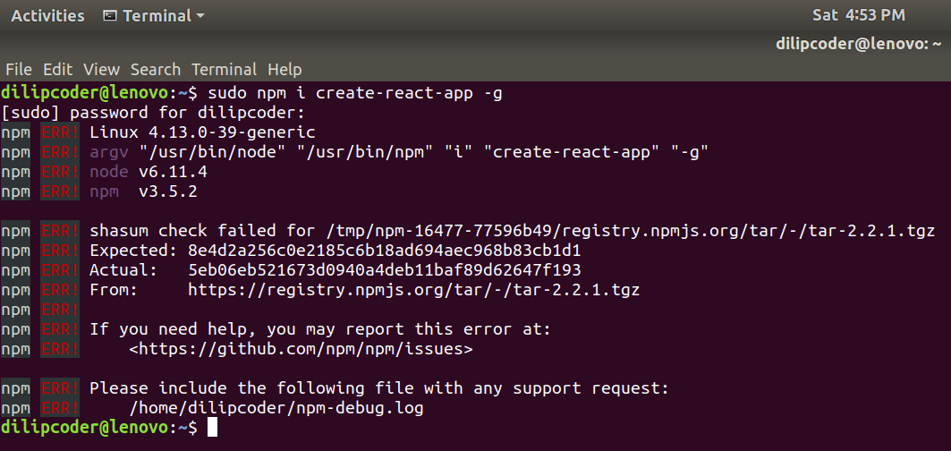 create-react-app error npm ERR! shasum check failed · Issue #20519 · npm/npm · GitHub