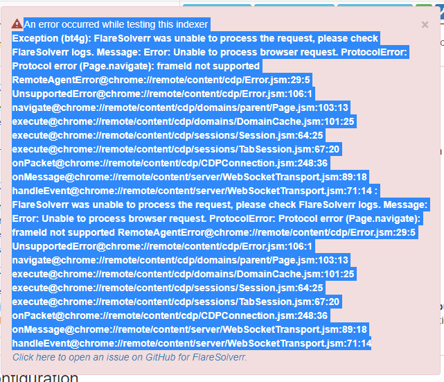 [bt4g] (testing) Exception (bt4g): FlareSolverr was unable to process ...