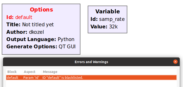 GRC Errors list displays "default" instead of "Options" · Issue #5150 · gnuradio/gnuradio · GitHub