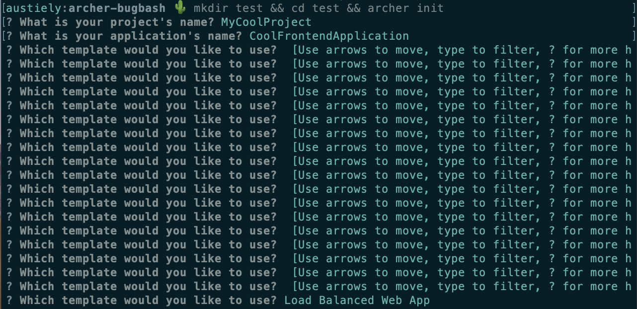 Arrow keys in "archer init" template step generate lots of newlines ...