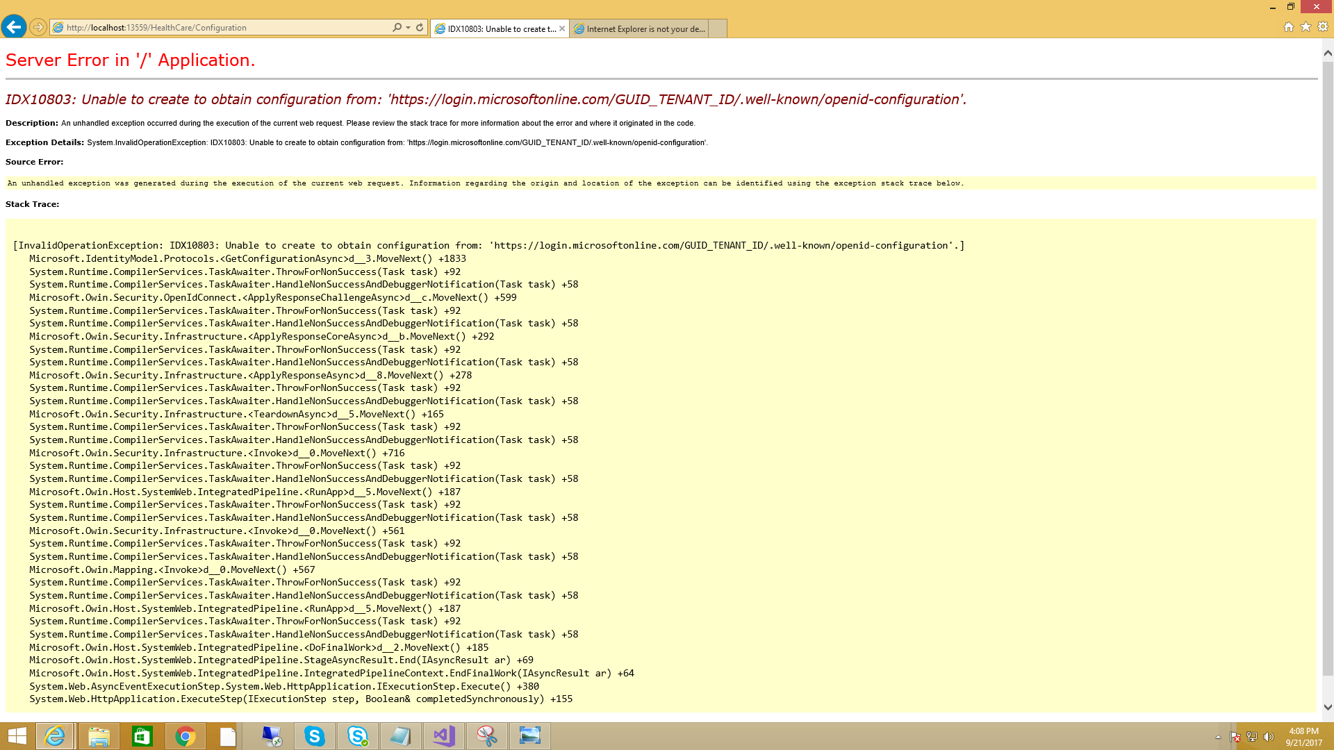 IDX10803: Unable to create to obtain configuration from: 'https://login.microsoftonline.com/GUID ...