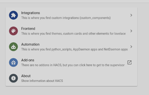 After HACS install, only see "read.me" info. Do not see the "integrations"/"Front end ...