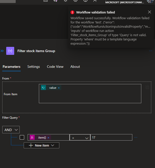 `filter Array` Operation Not Loading Not Validating · Issue 1523 · Azurelogicappsux · Github 