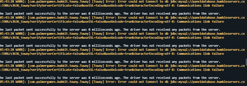Database error lags out the server · Issue #4699 · TownyAdvanced/Towny · GitHub