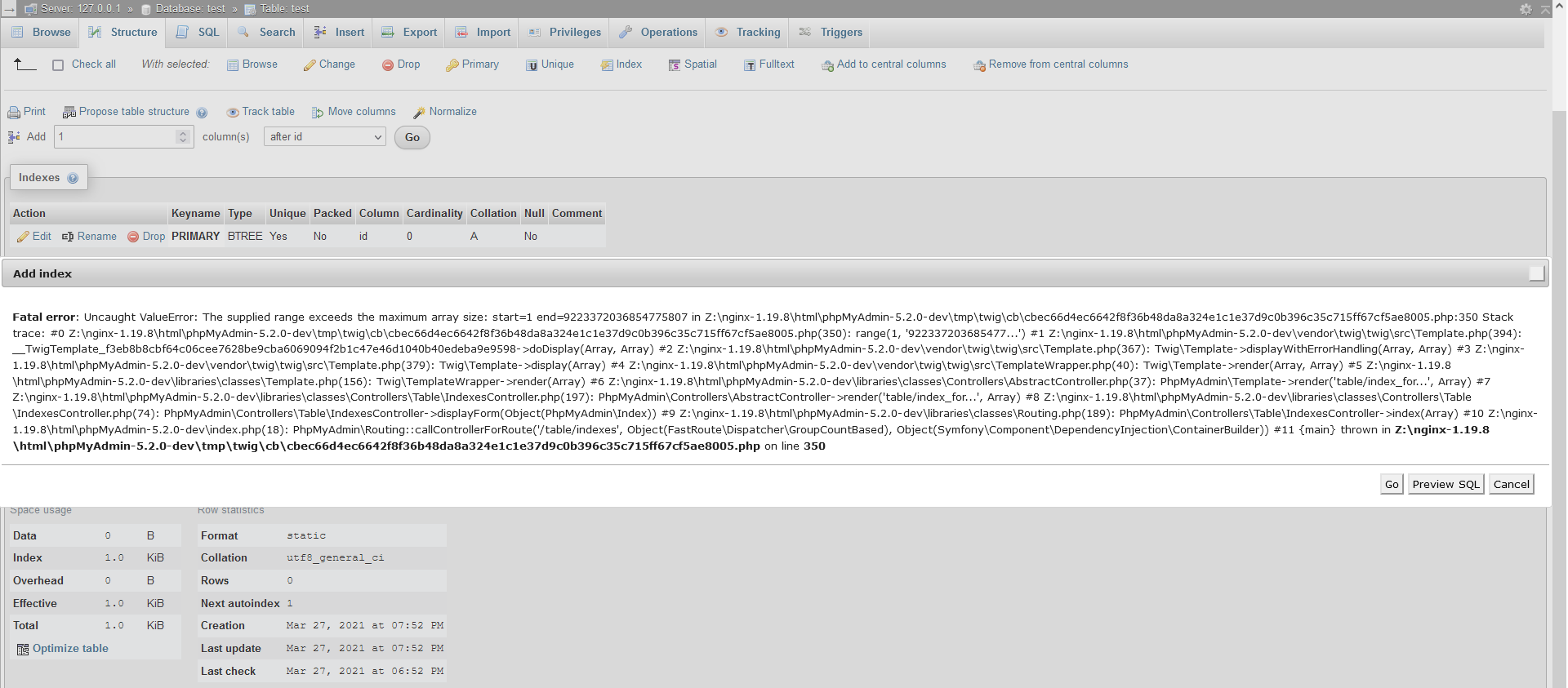 Fatal error when creating an index · Issue #16769 · phpmyadmin/phpmyadmin · GitHub