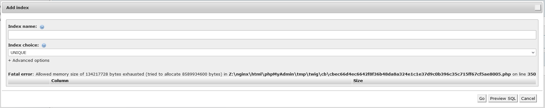Fatal error when creating an index · Issue #16769 · phpmyadmin/phpmyadmin · GitHub