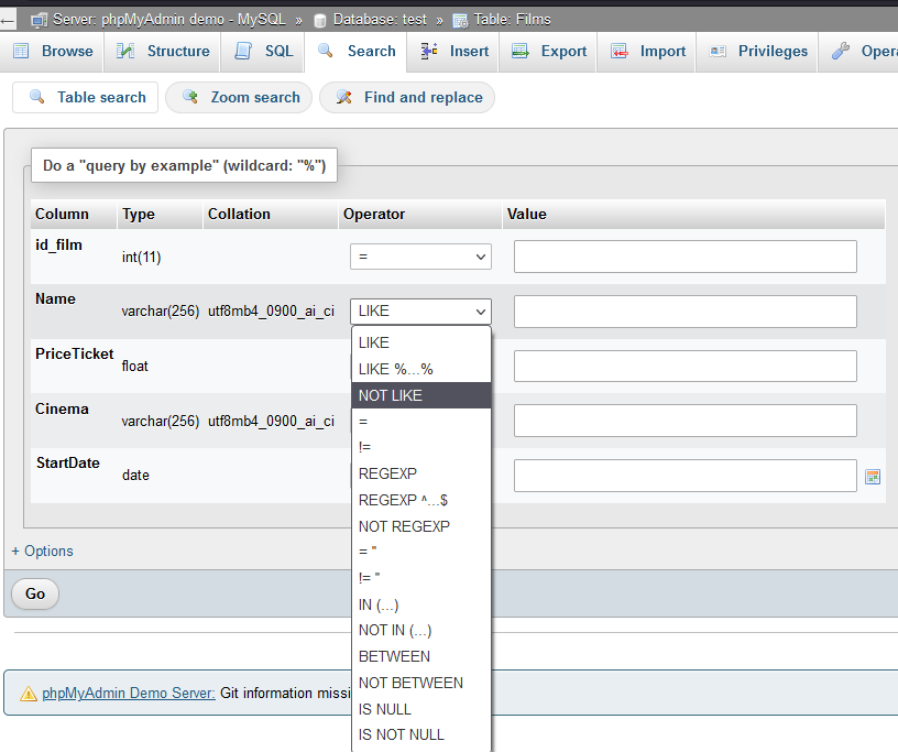 Add NOT LIKE %...% operator to Table search · Issue #16829 · phpmyadmin/phpmyadmin · GitHub